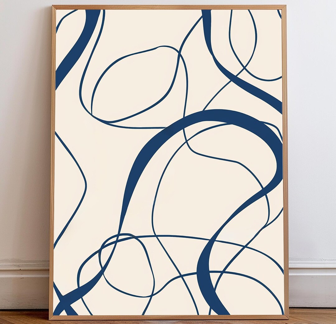 Modern Blue Abstract Line Art Printable, Minimalist Wall Art, Beige ...