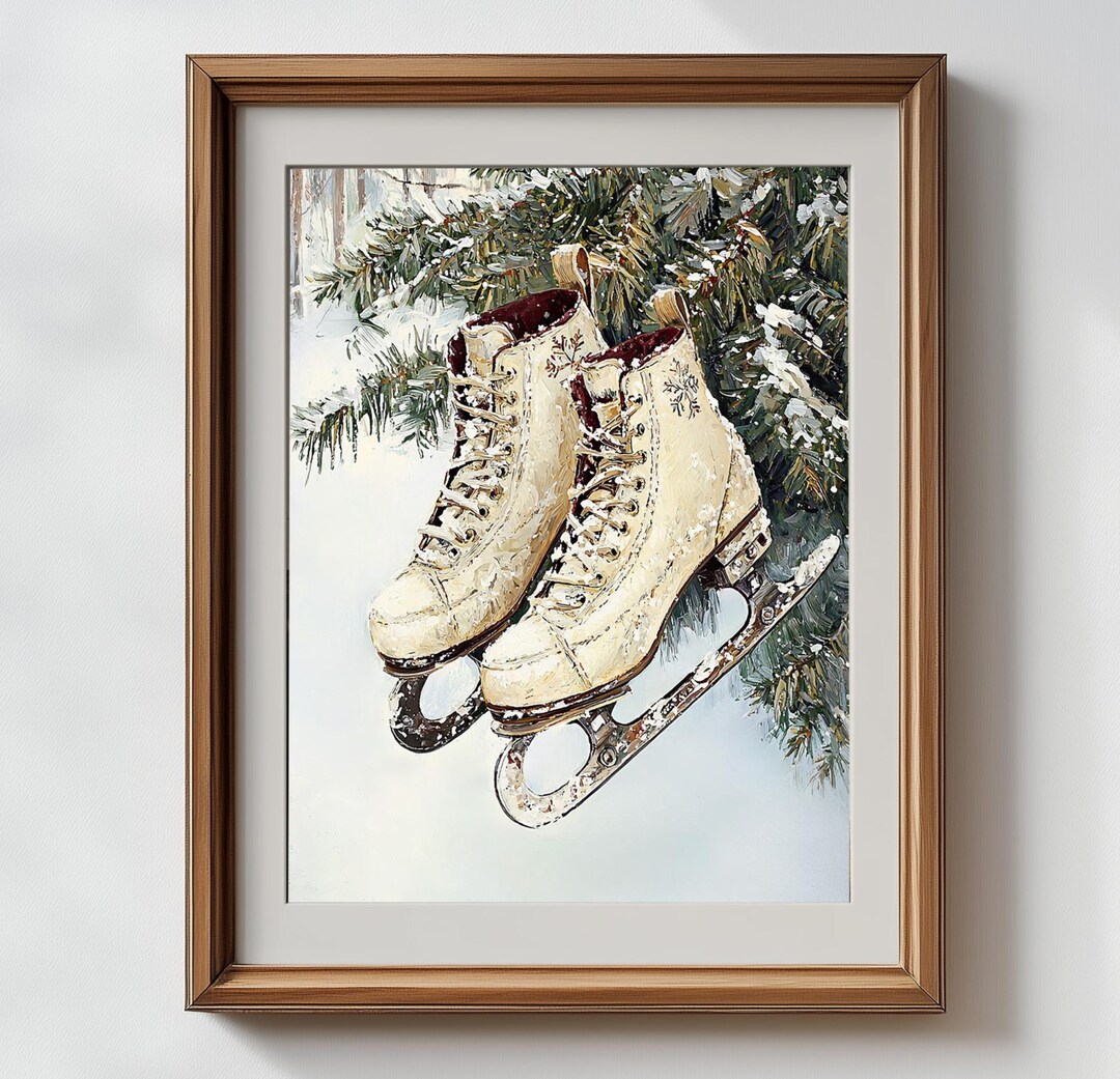 Printable Vintage Skates in the Snow - Winter Christmas Wall Art, Pine ...