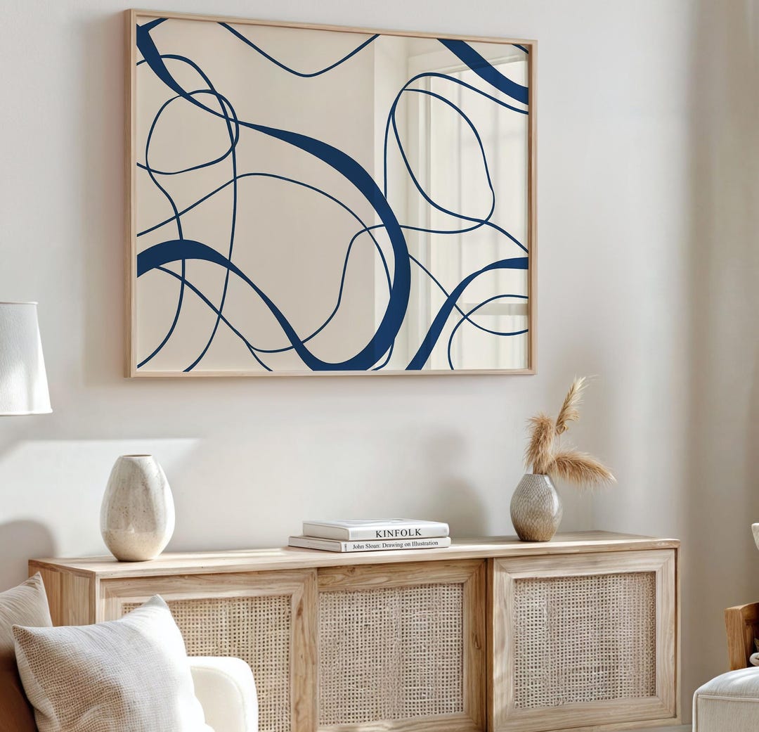 Modern Blue Abstract Line Art Printable, Horizontal Landscape ...