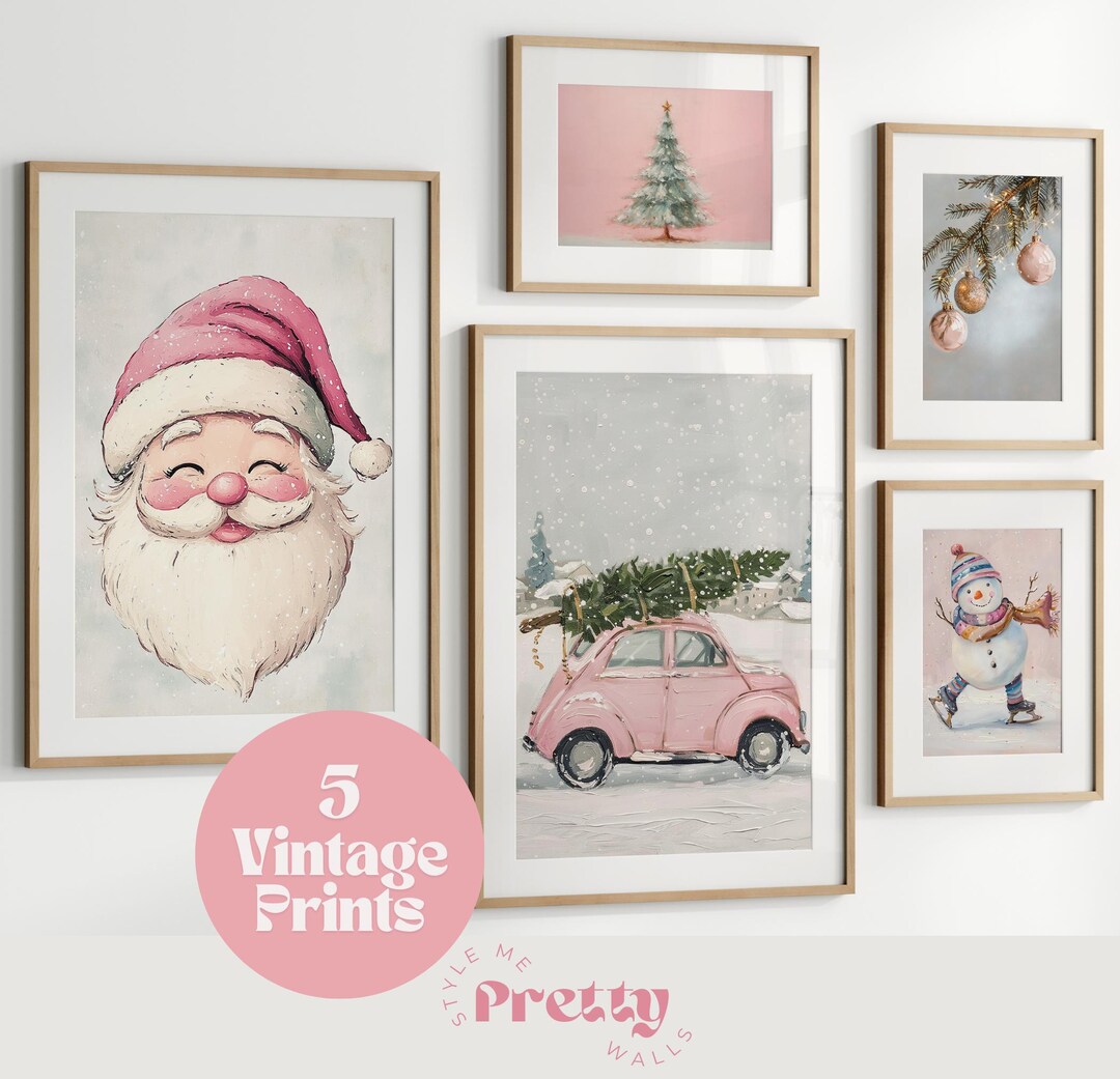 Printable Christmas Wall Art Set, 5 Piece Vintage Pink Christmas Prints ...