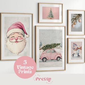 Printable Christmas Wall Art Set, 5 Piece Vintage Pink Christmas Prints ...