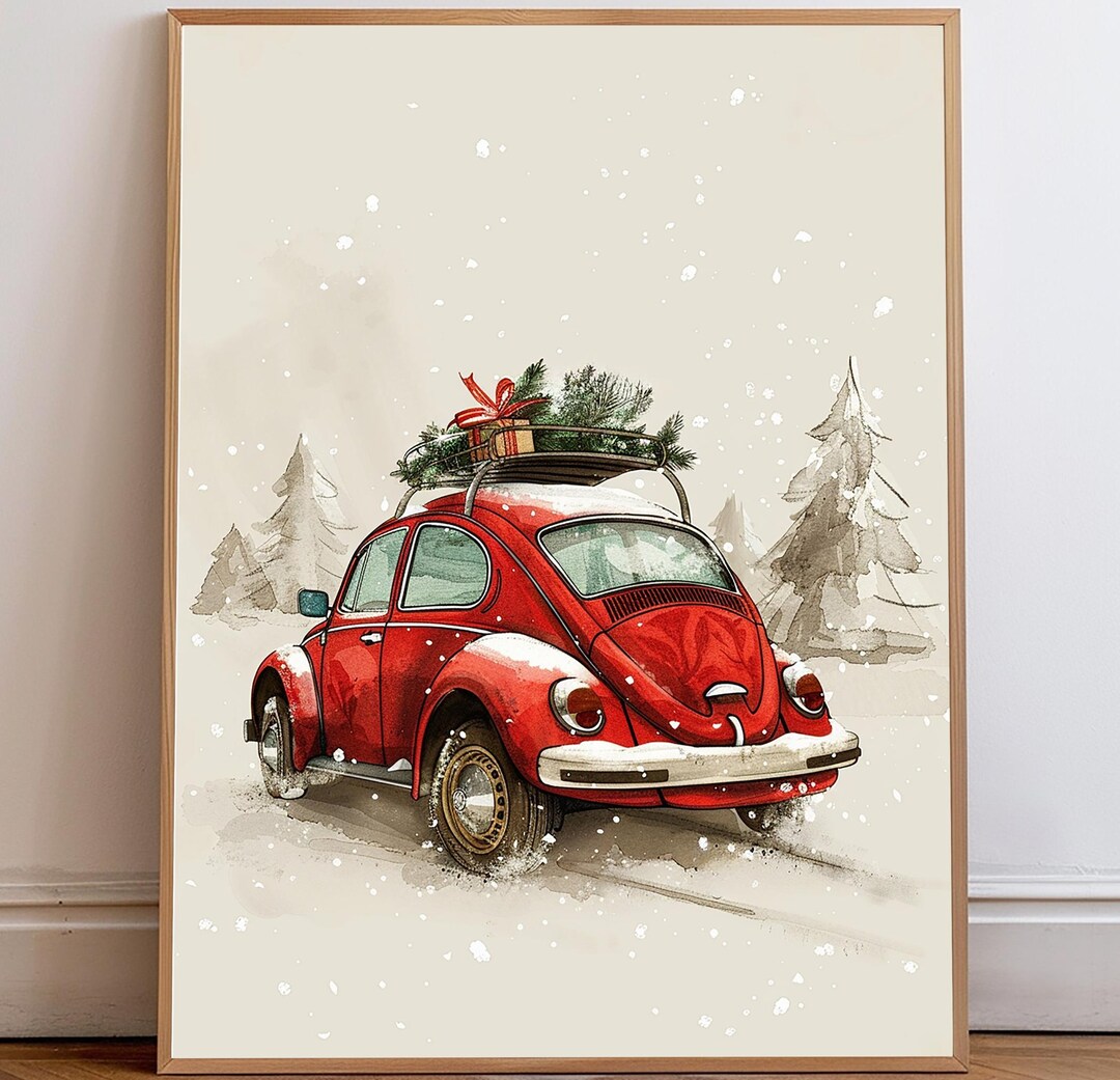 Vintage Red Buggy Christmas Printable Wall Art, Watercolor Holiday Art ...