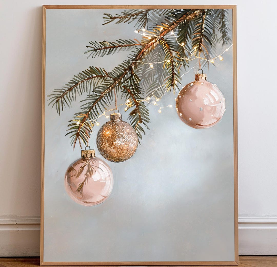 Pink Christmas Ornaments Printable Wall Art, Sophisticated Festive Home ...