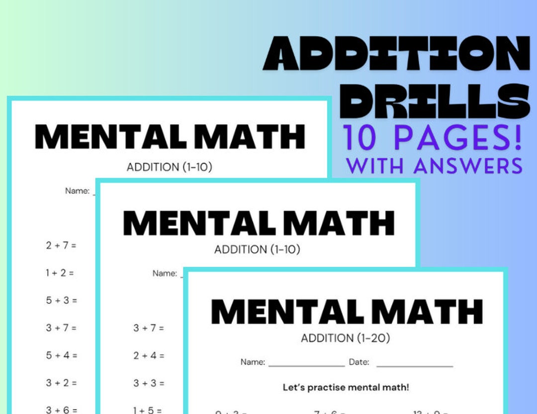 Addition Drills 10 Printable Pages With Answers Instant Digital ...