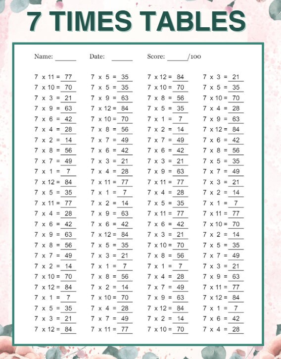 20 Pages of Questions, 20 Pages of Answers 7 Times Tables Printable ...