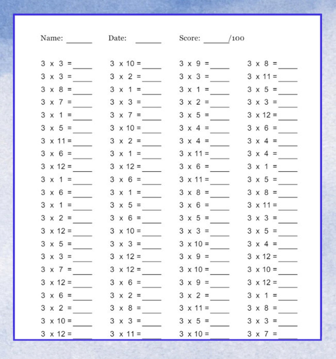 20 Pages Instant Digital Download 3 Times Tables Printable ...