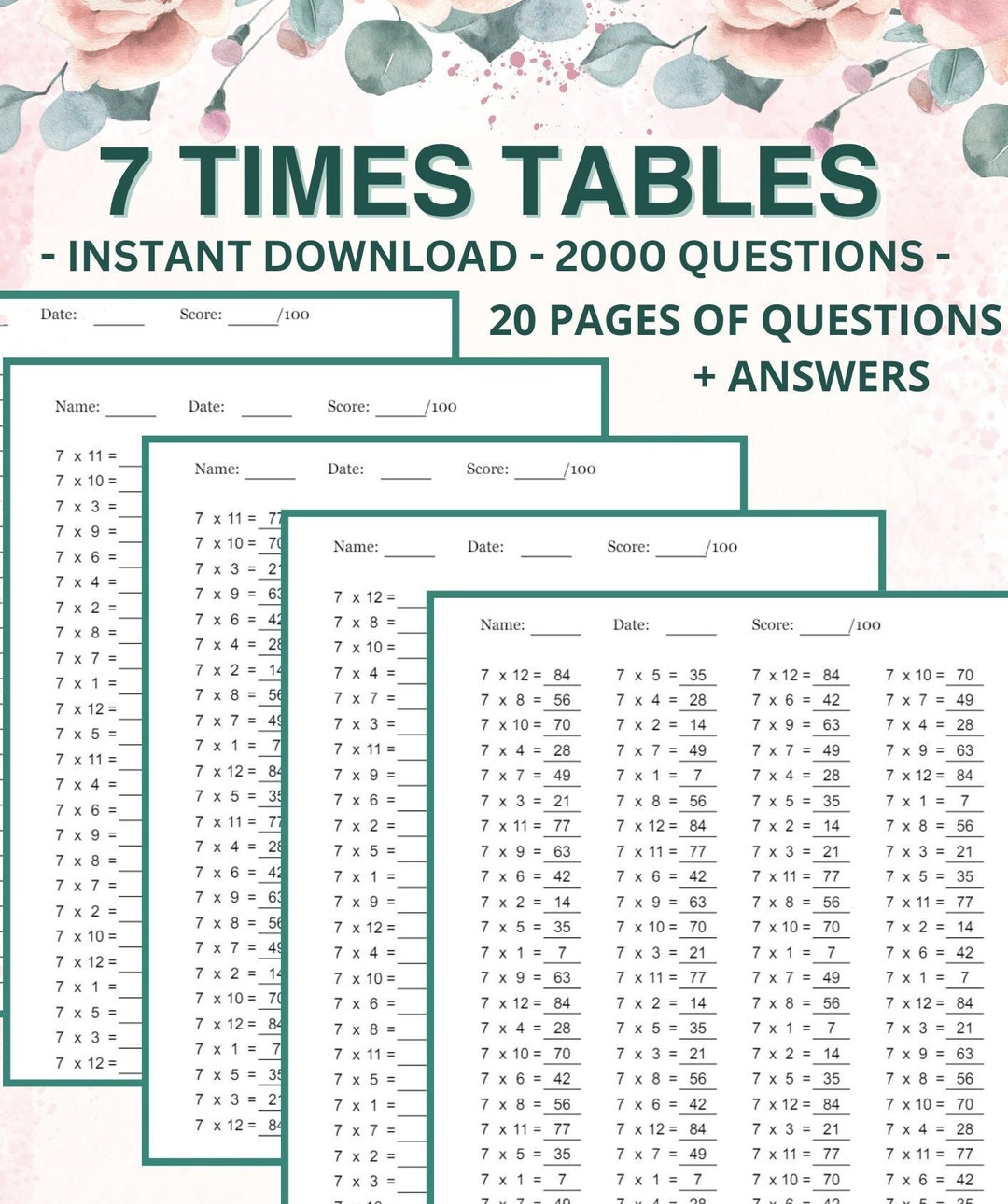 20 Pages of Questions, 20 Pages of Answers 7 Times Tables Printable ...