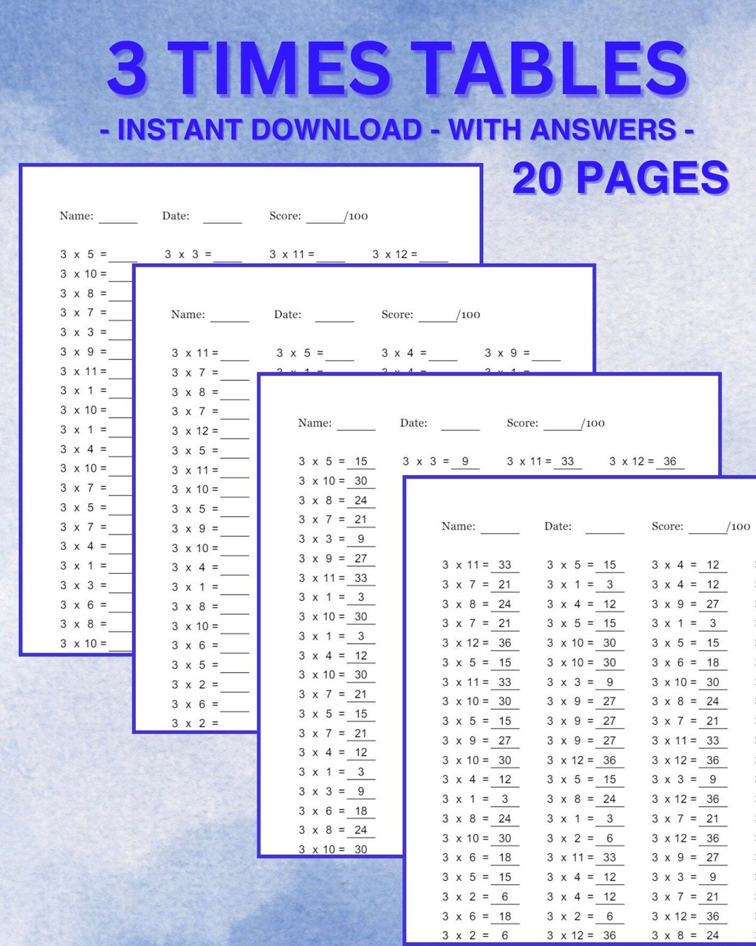 20 Pages Instant Digital Download 3 Times Tables Printable ...