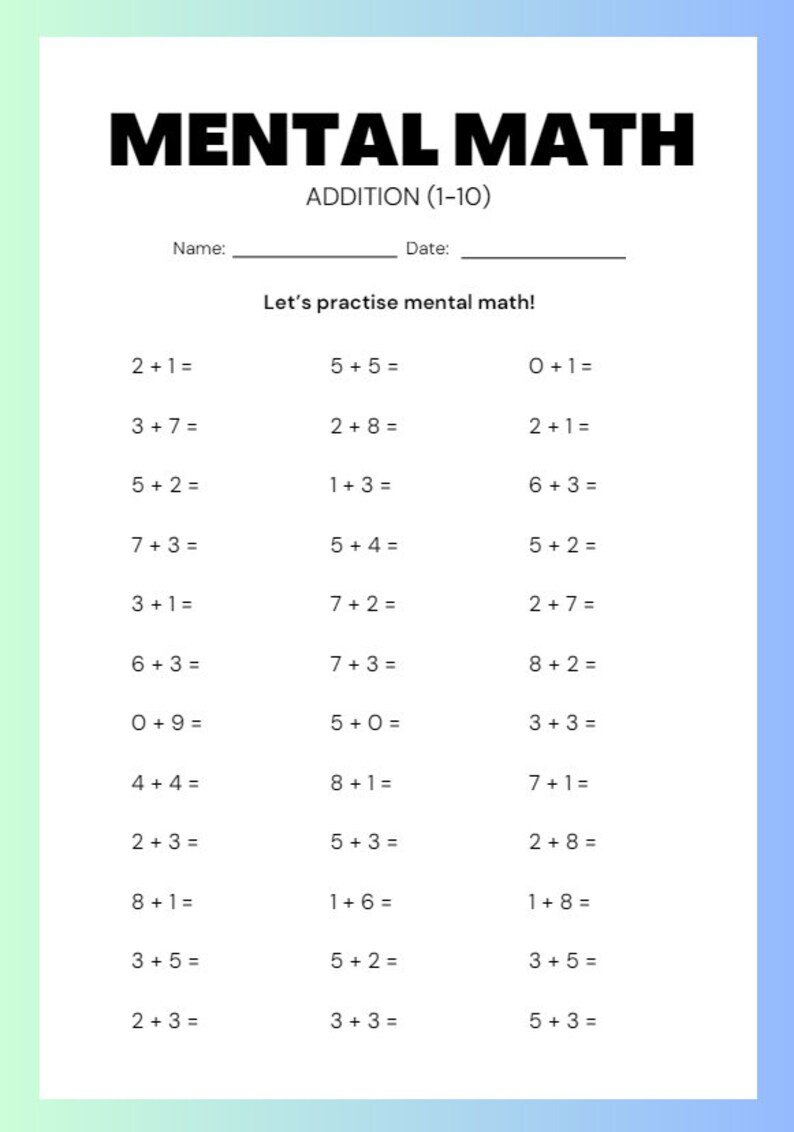 Addition Drills 10 Printable Pages With Answers Instant Digital ...