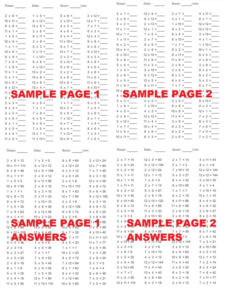 Printable Multiplication Worksheets numbers 1-12 2000 Questions Maths ...