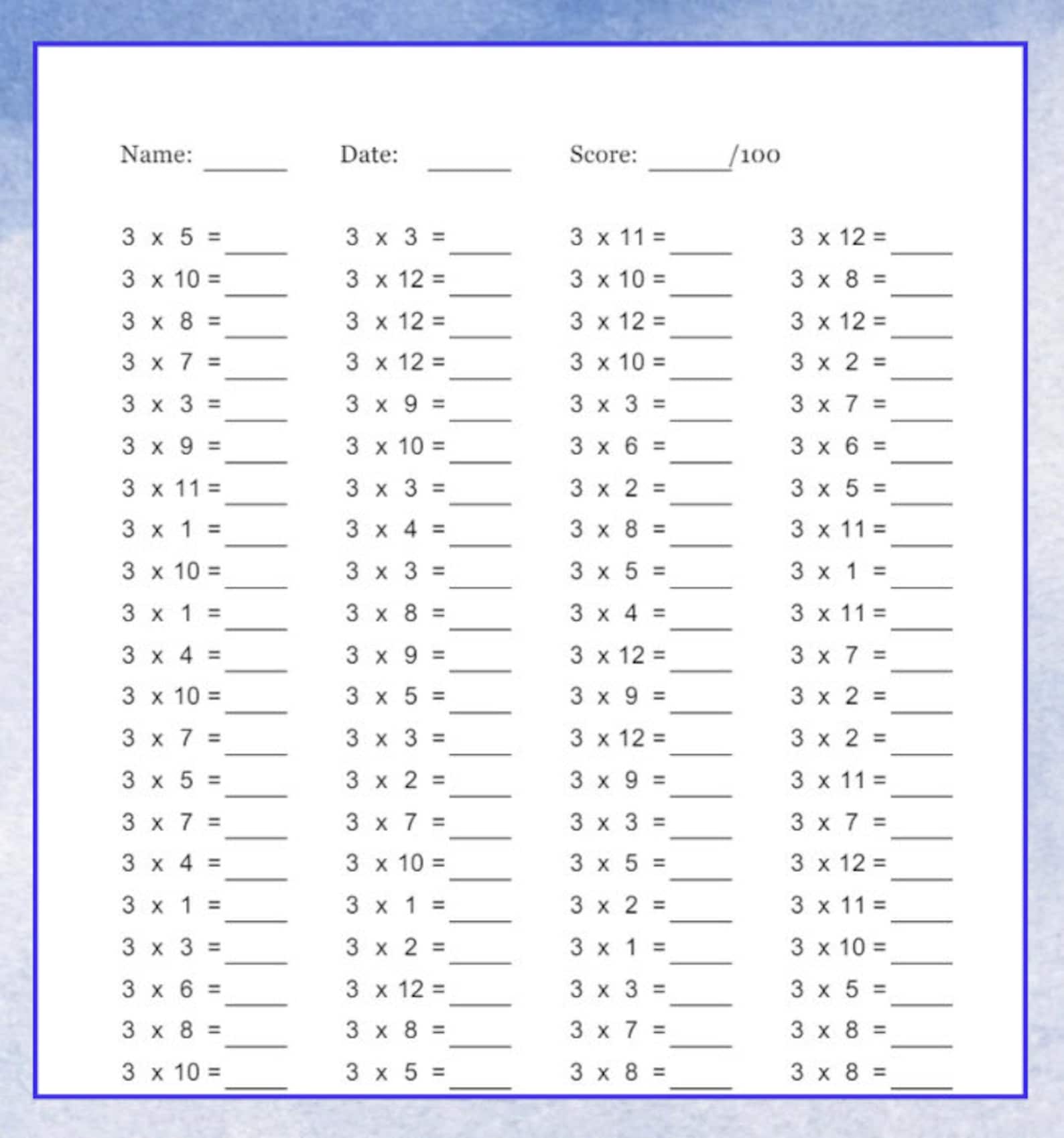 20 Pages Instant Digital Download 3 Times Tables Printable ...