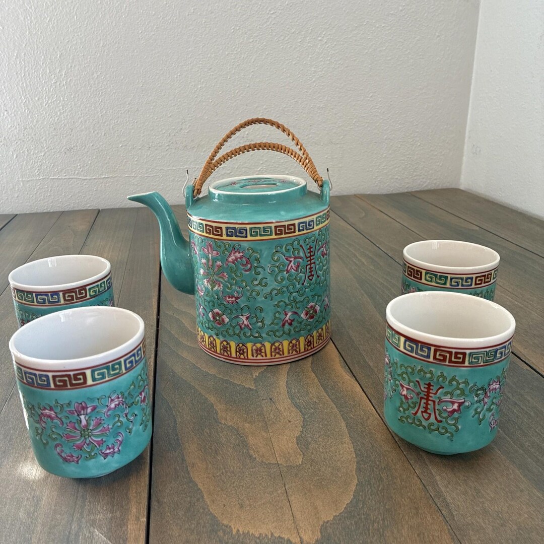 Vintage Japanese Floral Turquoise Porcelain Tea Set W/4 Cups (SH) - Etsy