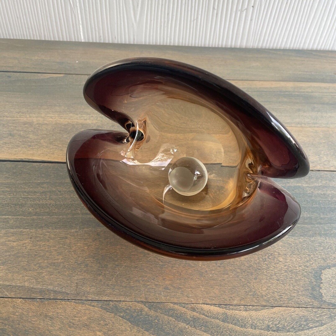 Vintage Mid Century Amber Art Glass Oyster Shell W/glass Pearl (SH) - Etsy