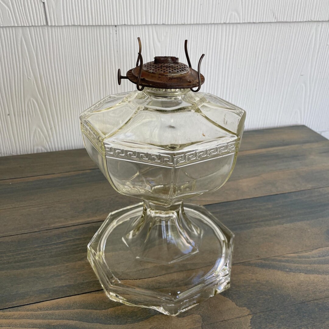 Large Antique 8 Panel Greek Key Oil Kerosene Lamp W/chimney & Burner ...