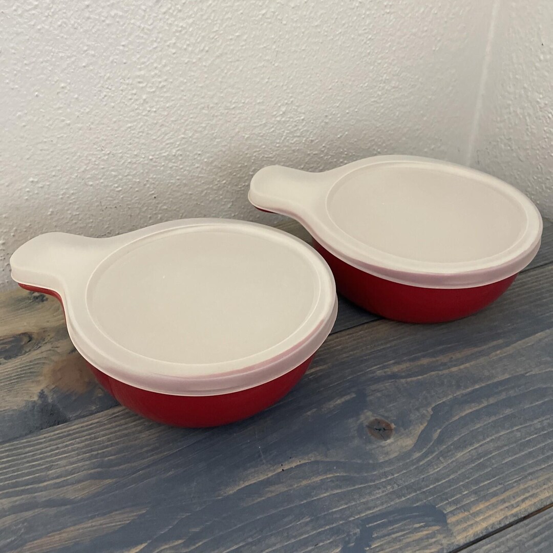 2 Vintage Alco Industries Red Stoneware 5" Chili Grab-it Bowls W/ Lids ...