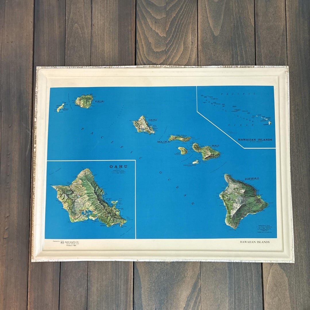 Vintage 1980 HAWAIIAN ISLANDS 3D Topographic Map Kistler Graphics 22” X ...