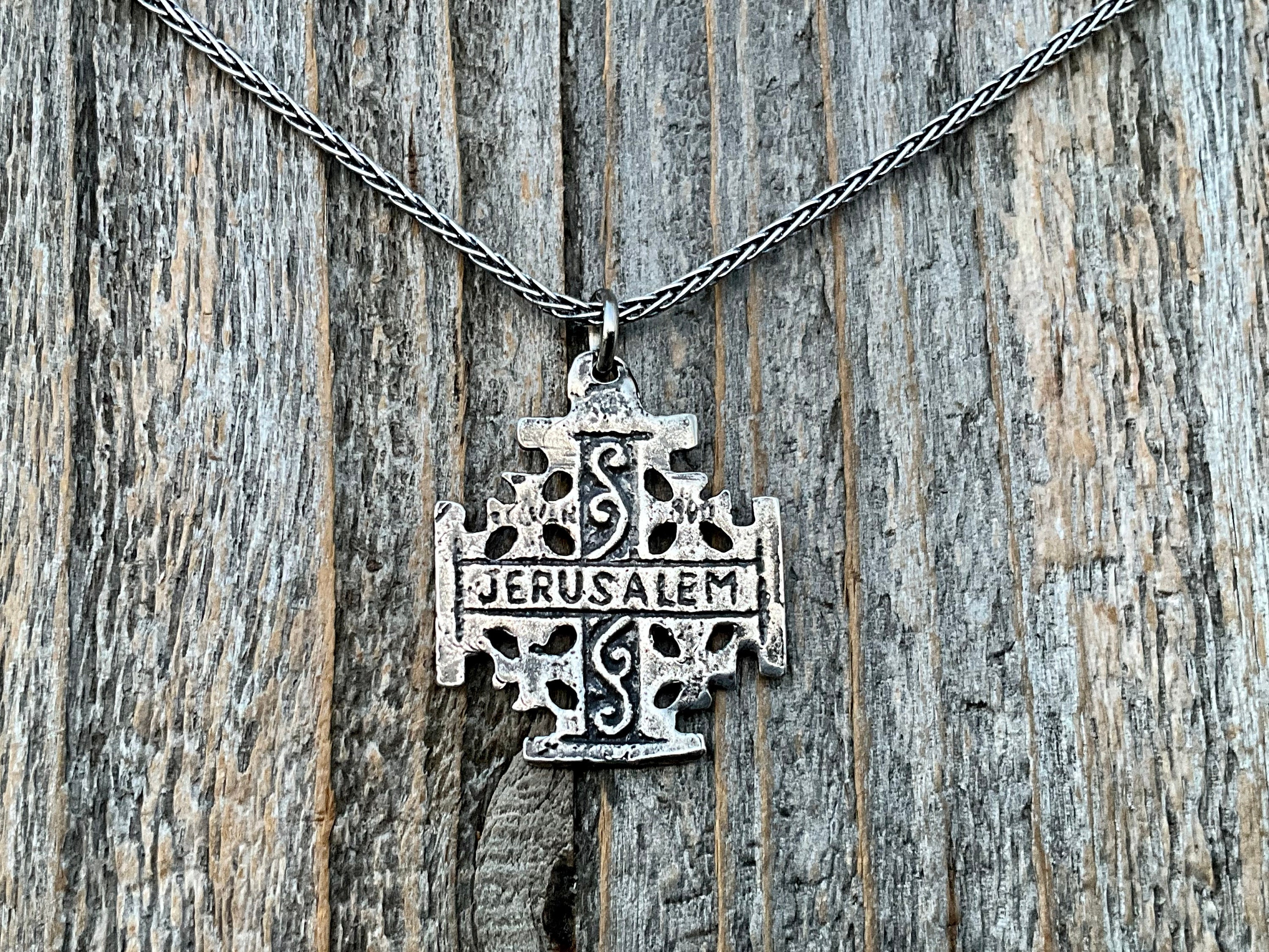 Sterling Silver Jerusalem Cross Pendant Necklace, Antique Replica Medal ...