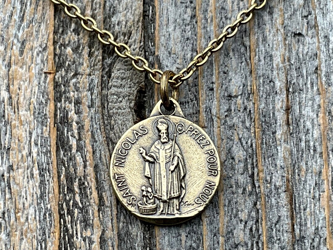 Antiqued Gold St Nicolas French Medallion Necklace, Antique Replica ...