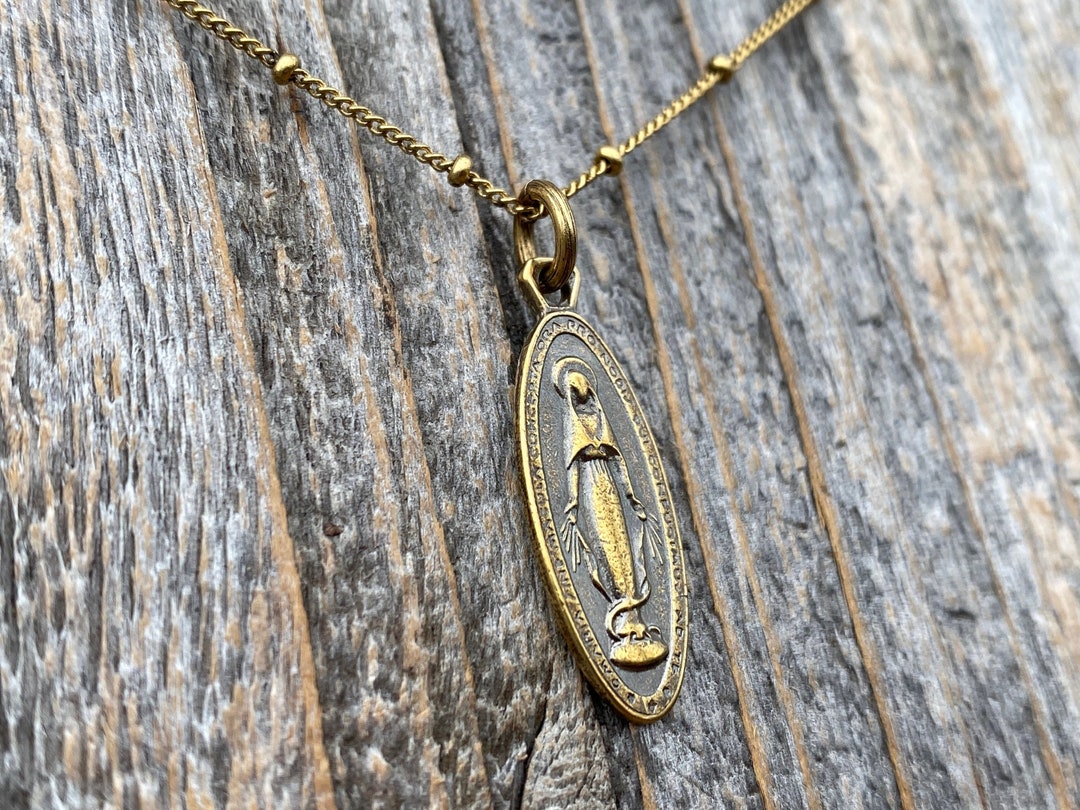 Antiqued Gold Latin Miraculous Medal Pendant and Necklace, Antique ...