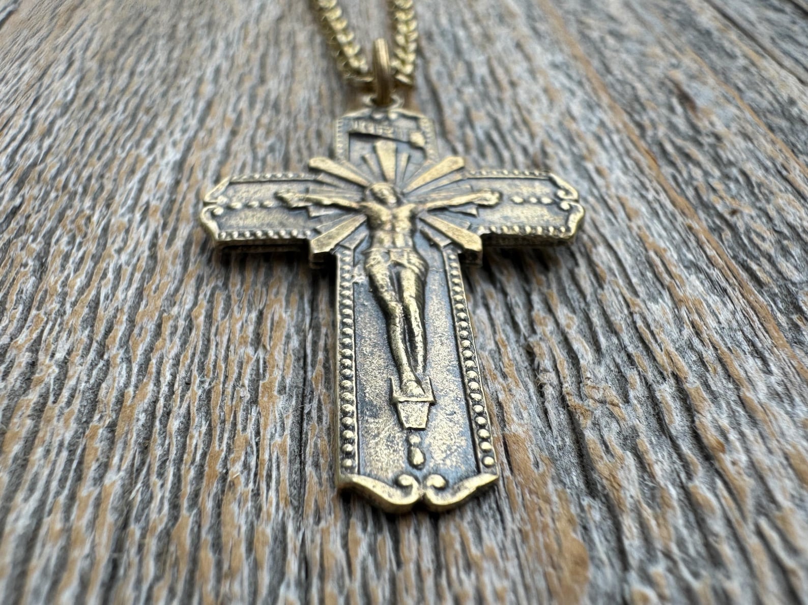 Antiqued Gold Radiant Crucifix Cross, Pendant Necklace, Antique Replica ...