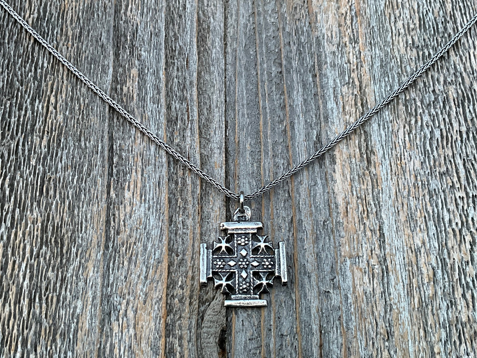Sterling Silver Jerusalem Cross Pendant Necklace, Antique Replica Medal ...
