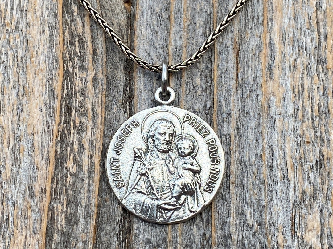 Sterling Silver Saint Joseph French Medal Pendant on Necklace, Antique ...