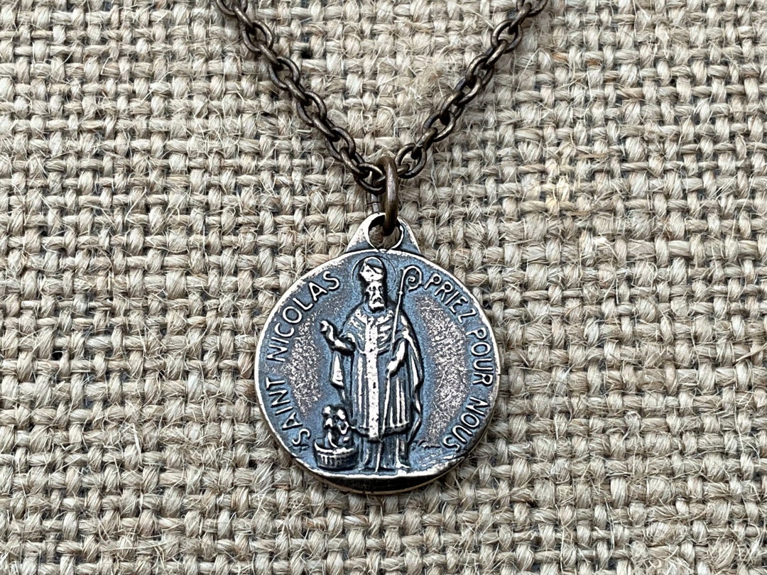 Bronze St Nicolas French Medallion Necklace, Antique Replica Saint ...