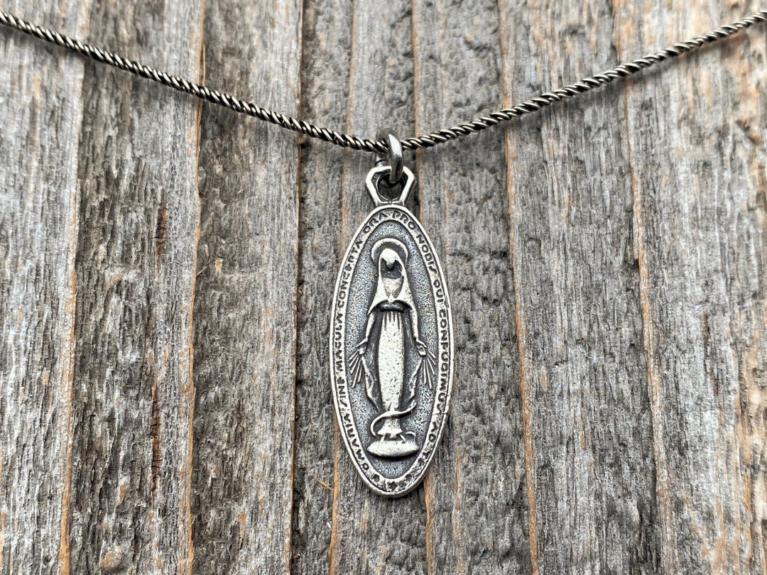 Sterling Silver Latin Miraculous Medal Pendant and Necklace, Antique ...