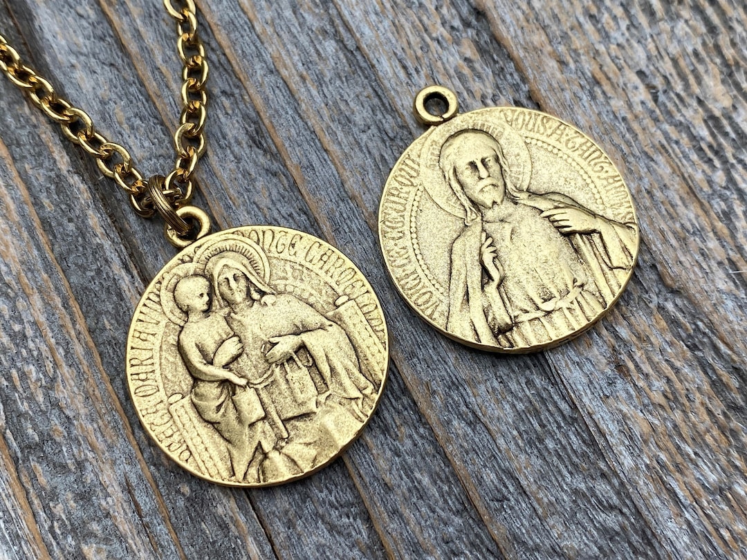 Antiqued Gold Scapular Pendant on Necklace, Antique Replica of French ...