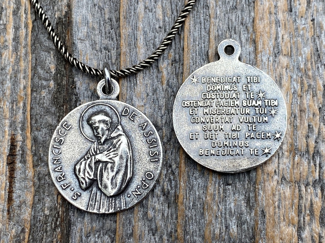 Sterling Silver St Francis of Assisi Blessing Medal Pendant on Necklace, Antique Replica of ...