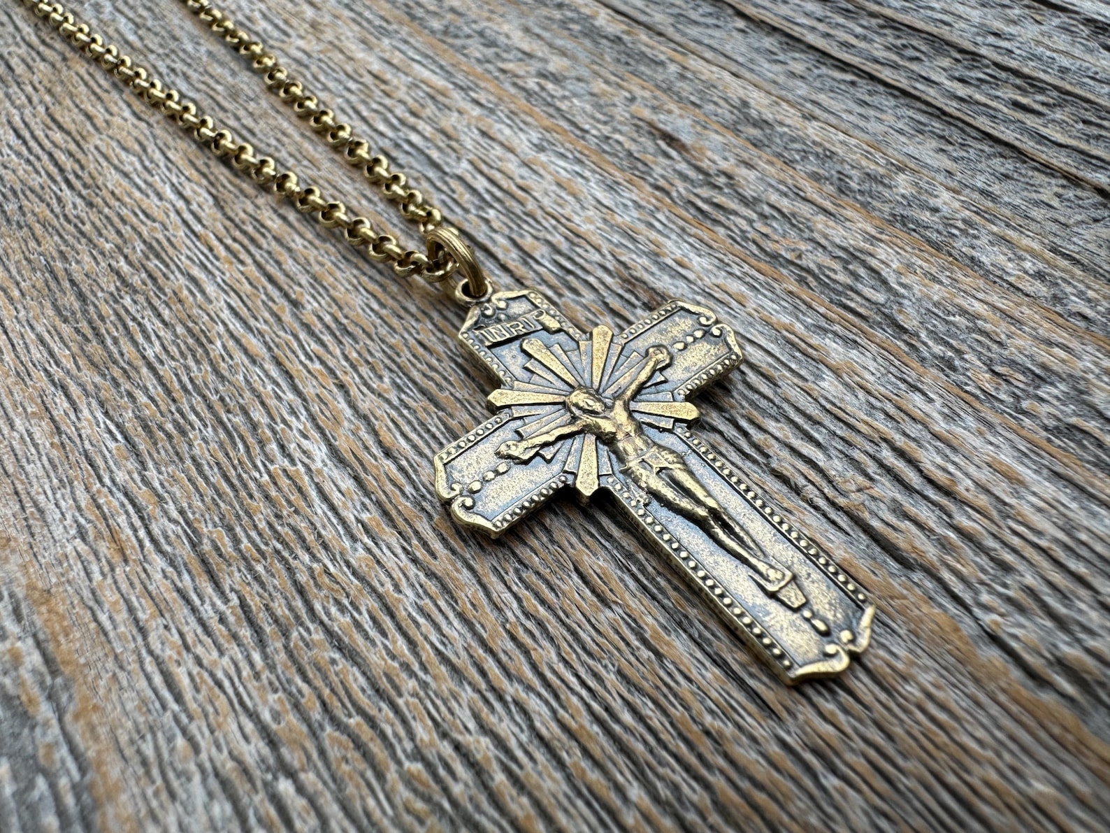 Antiqued Gold Radiant Crucifix Cross, Pendant Necklace, Antique Replica ...