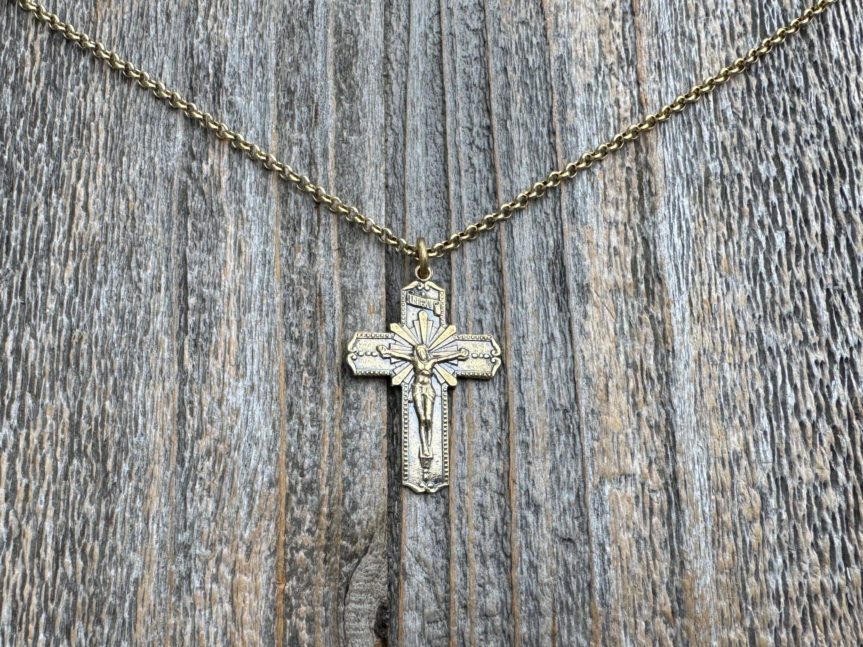 Antiqued Gold Radiant Crucifix Cross, Pendant Necklace, Antique Replica ...