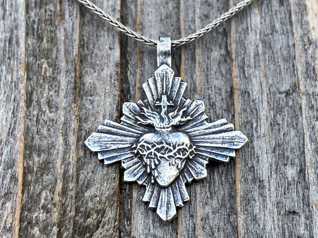 Sterling Silver Sacred Heart Medallion & Necklace, French Antique ...
