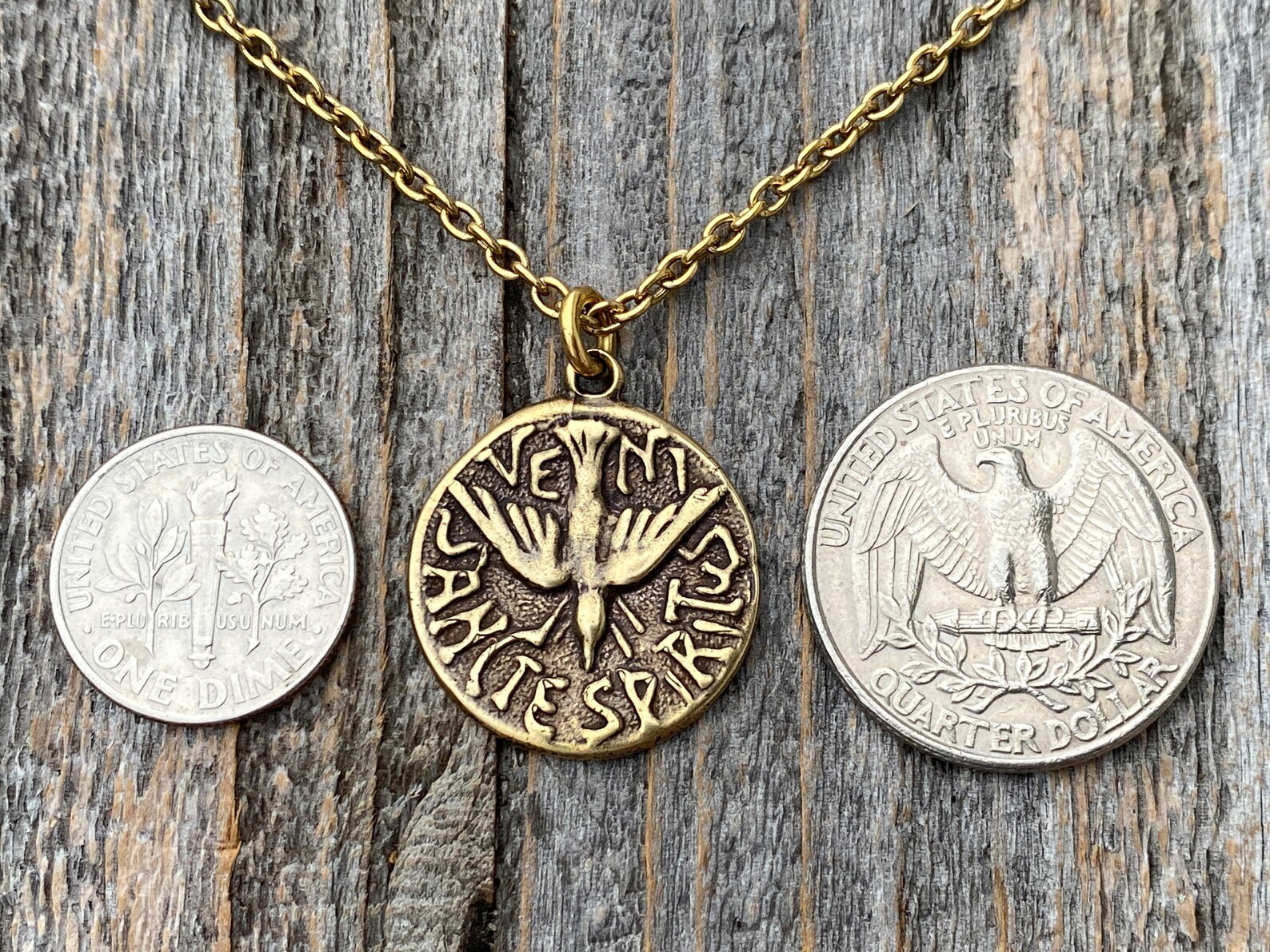 Antiqued Gold Descending Dove Pendant, Handmade Antique Replica of a ...