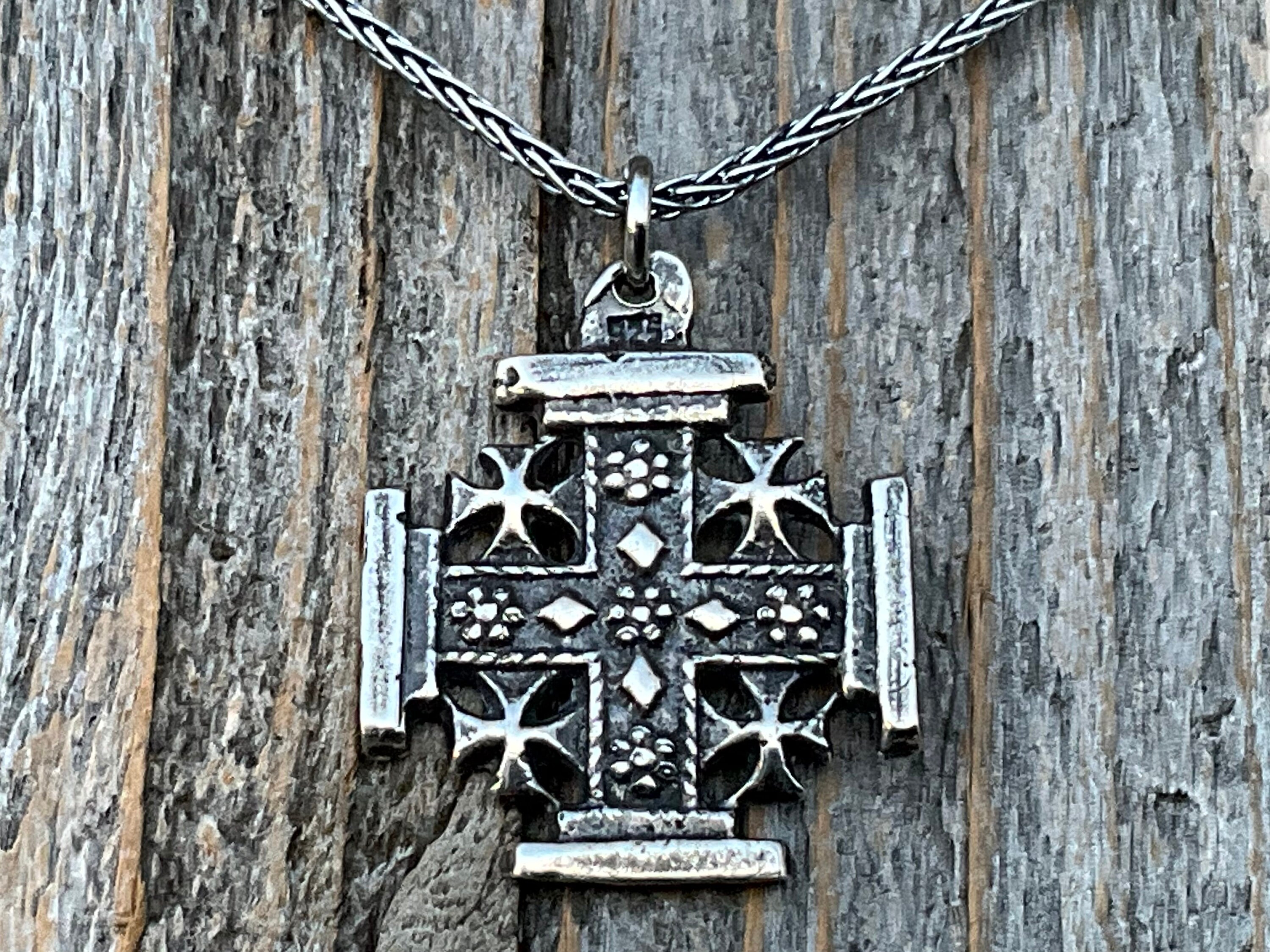 Sterling Silver Jerusalem Cross Pendant Necklace, Antique Replica Medal ...