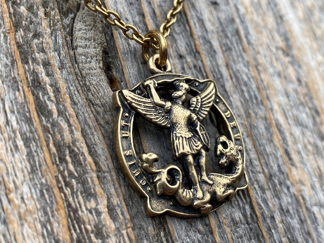 Antique Gold Latin St Michael Quis Ut Deus Rare Medallion Necklace ...