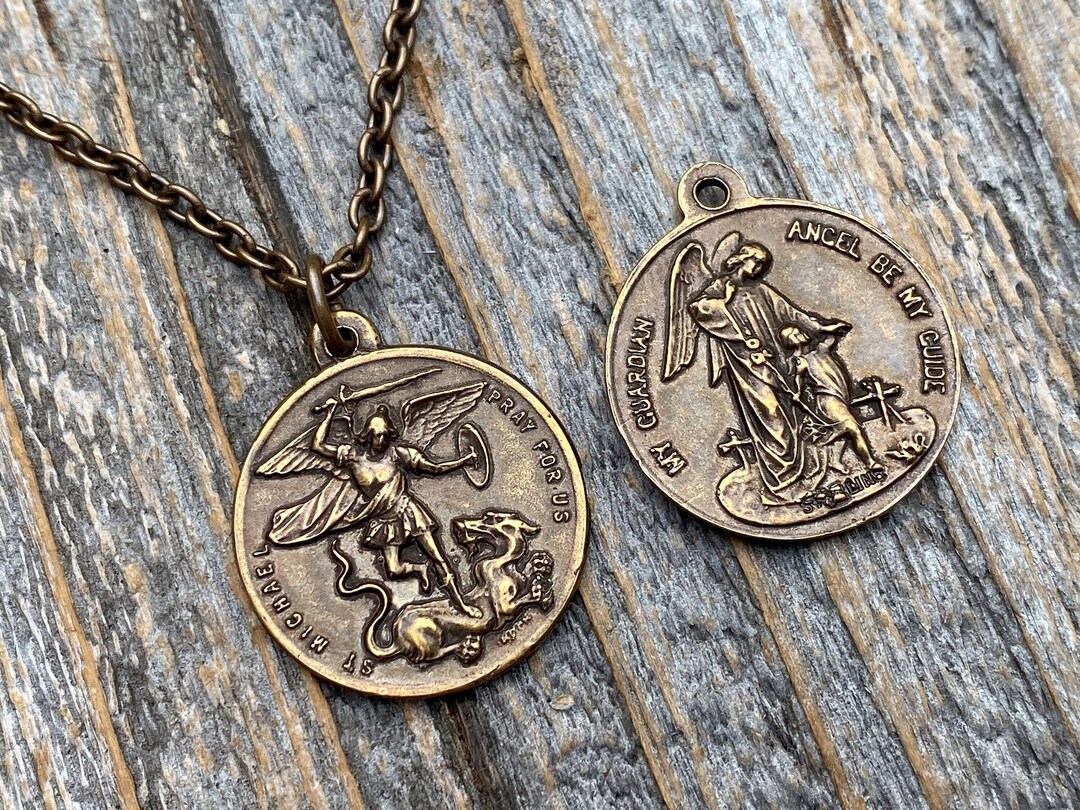 Bronze Saint Michael the Archangel and Guardian Angel Medal Pendant on ...
