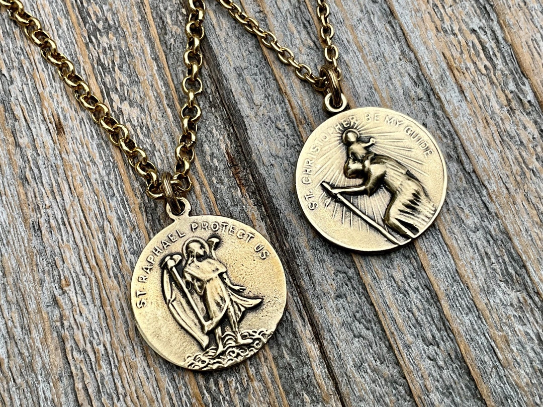Antiqued Gold Archangel Raphael & St Christopher Medallion Necklace ...
