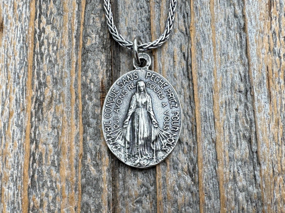 Sterling Silver Oval French Miraculous Medal Pendant, Antique Replica ...