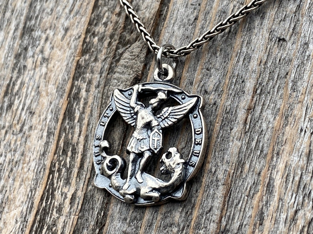 Sterling Silver Rare St Michael Quis Ut Deus Latin Medallion Necklace ...