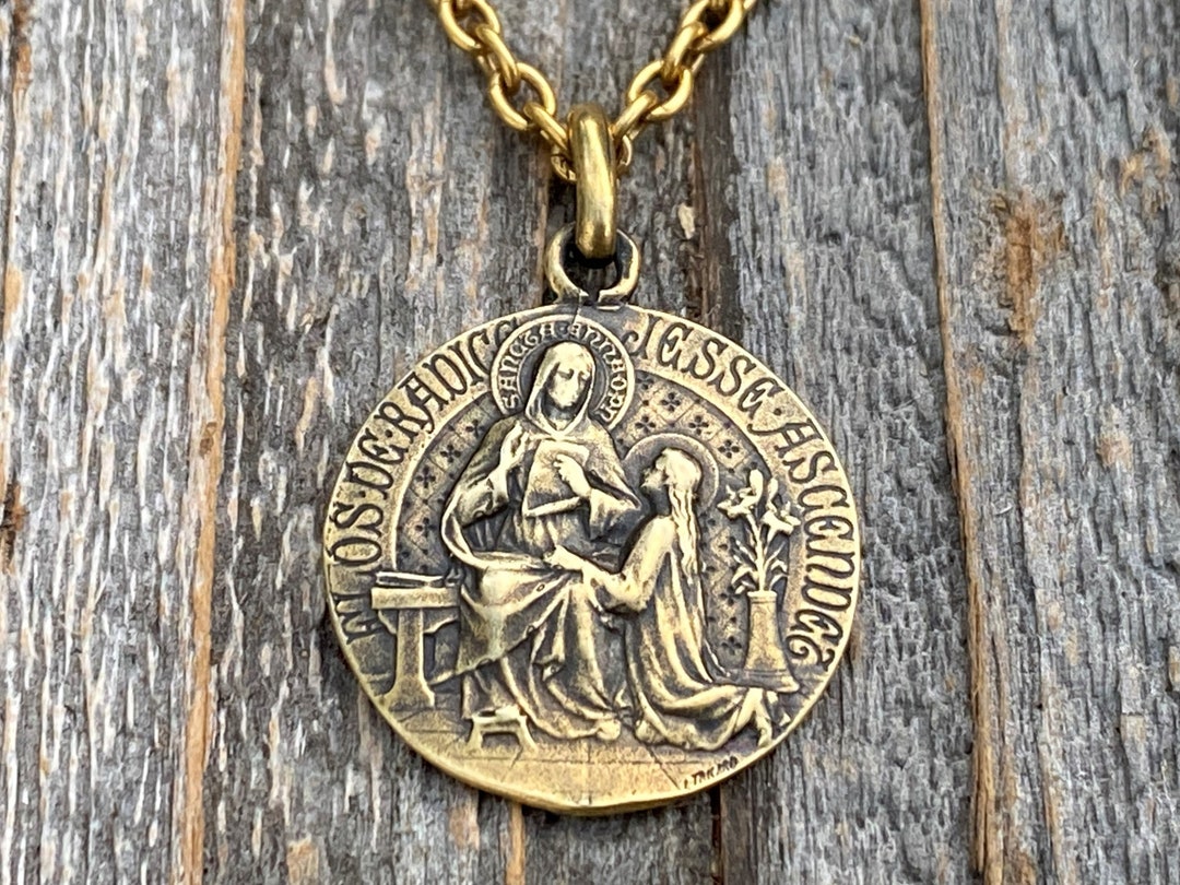 Antiqued Gold St Anne Medal Pendant Necklace, Antique Replica, French ...