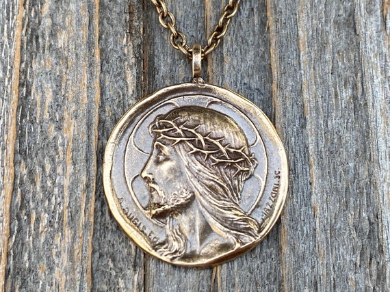 Bronze Crowned Jesus Medal and Necklace French Antique - Etsy
