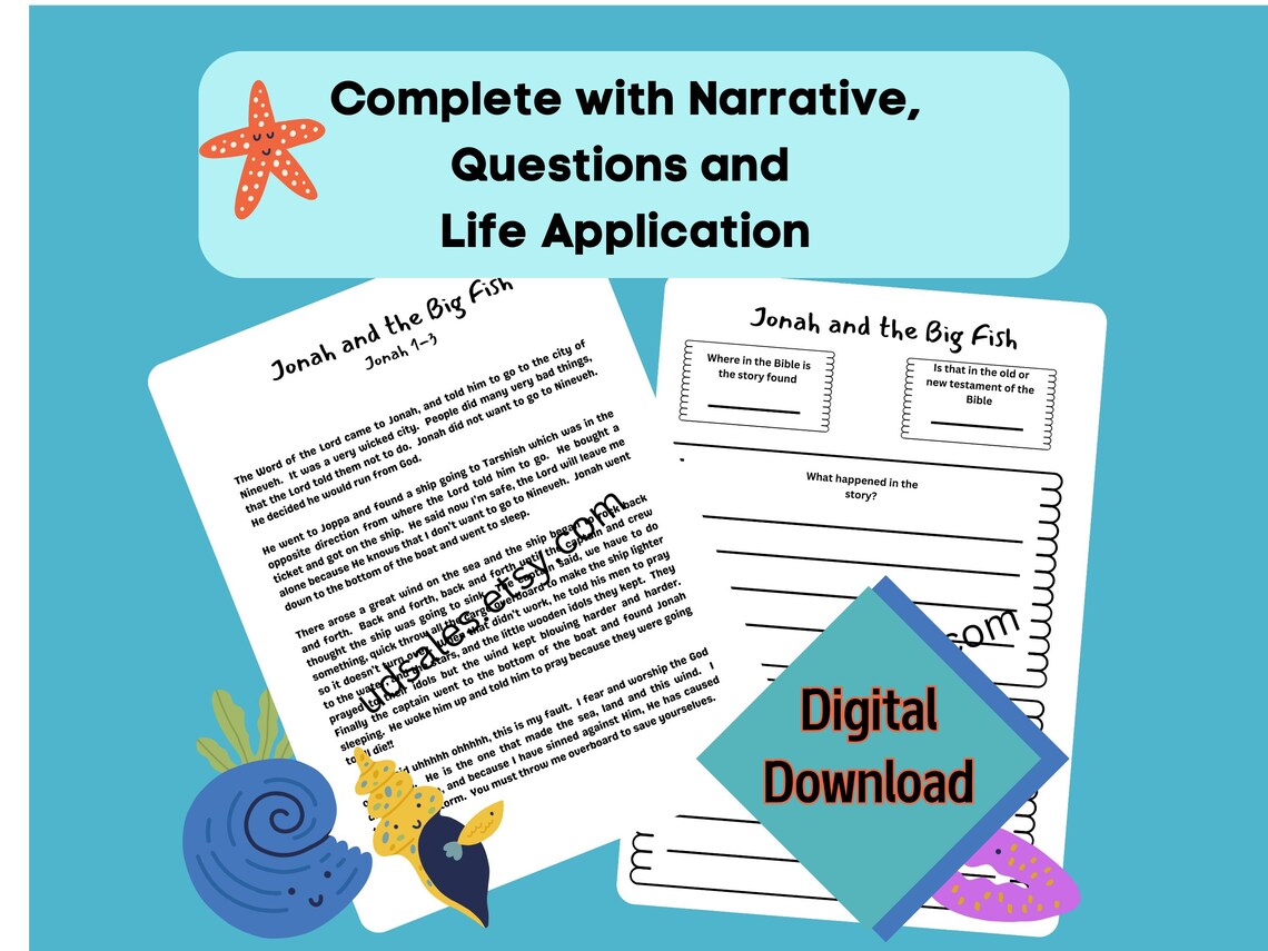 Jonah and the Whale Big Fish Bible Story, Printable Narrative, Sunday ...