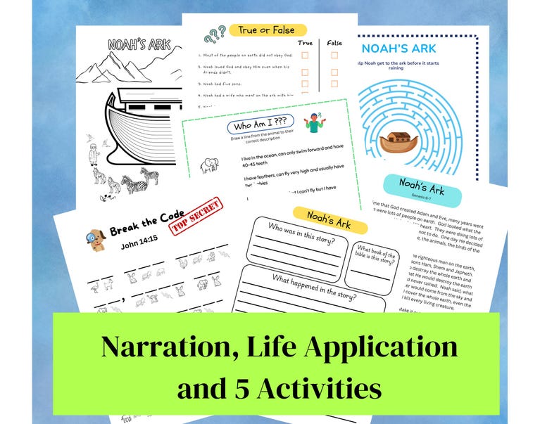 Noah's Ark Kids Bible Story Printable - Sunday School - Homeschool, Fun ...