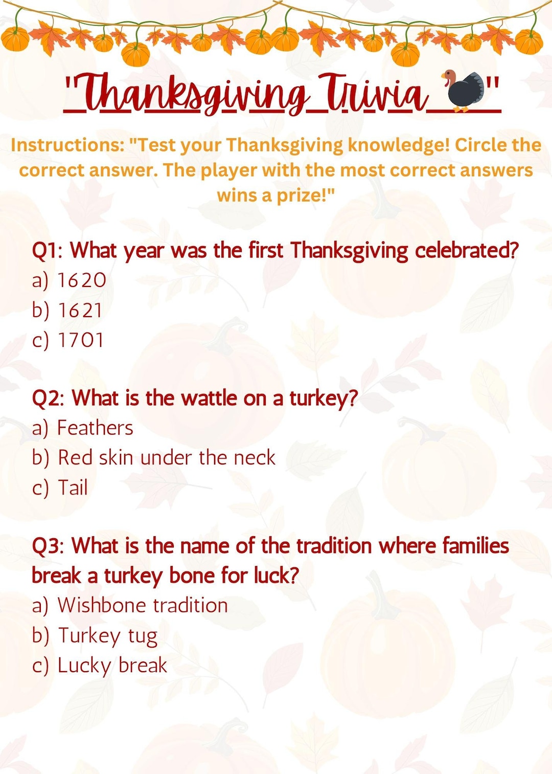 Thanksgiving Trivia | Printable Thanksgiving Game | Thanksgiving ...