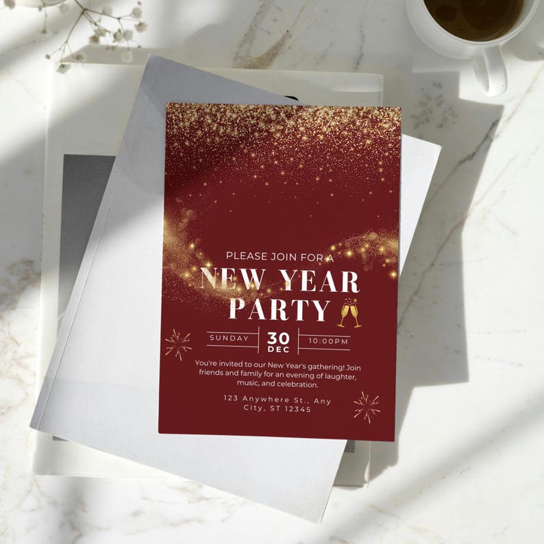 Digital New Years Eve Party Invitation NYE Celebration Invite Red Gold ...