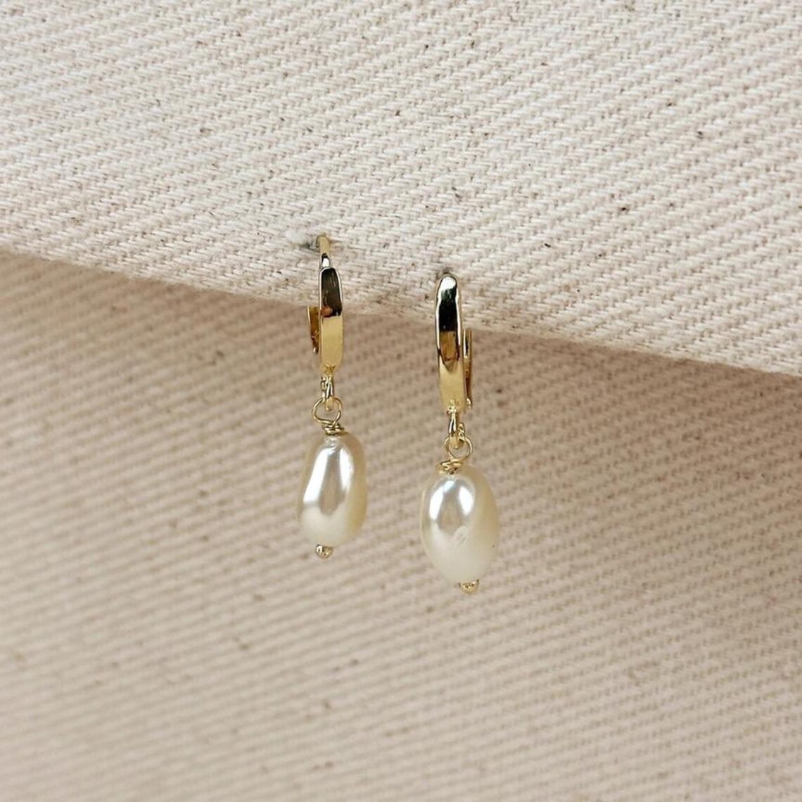 18k Gold Baroque Pearl Hoops | Pearl Huggie Hoops - Etsy