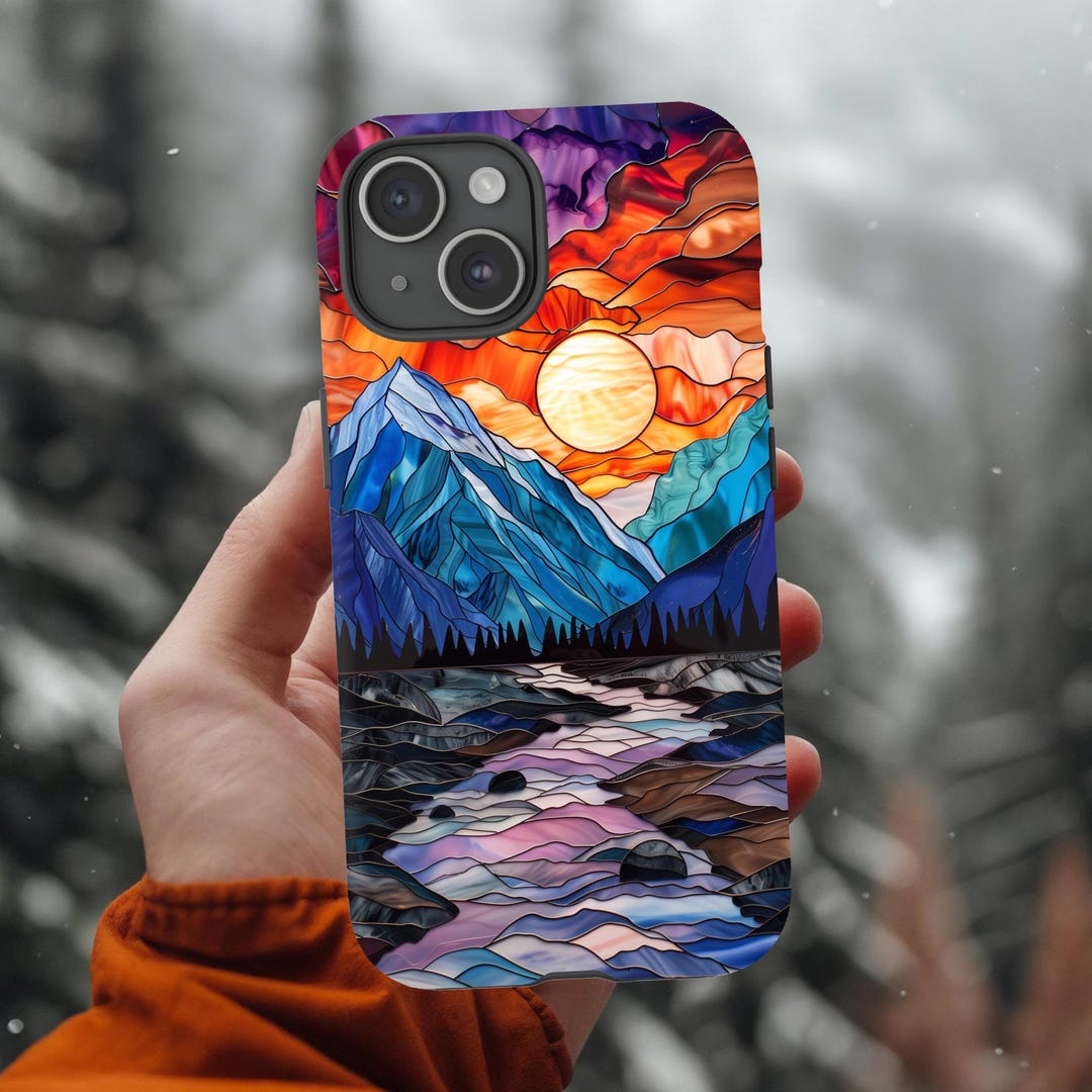 Faux Stained Glass Mountain Camping Hiking Scenic Sunrise Nature Phone ...