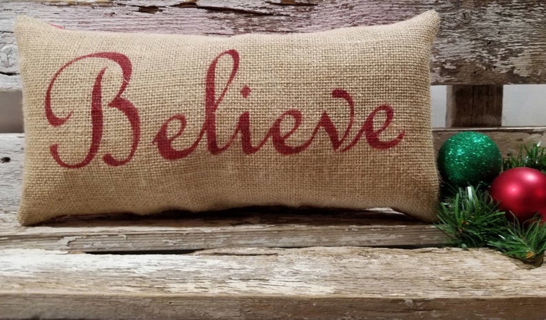 Believe Christmas Red Burlap Pillow | 6" X 13" Farmhouse Stuffed Burlap ...