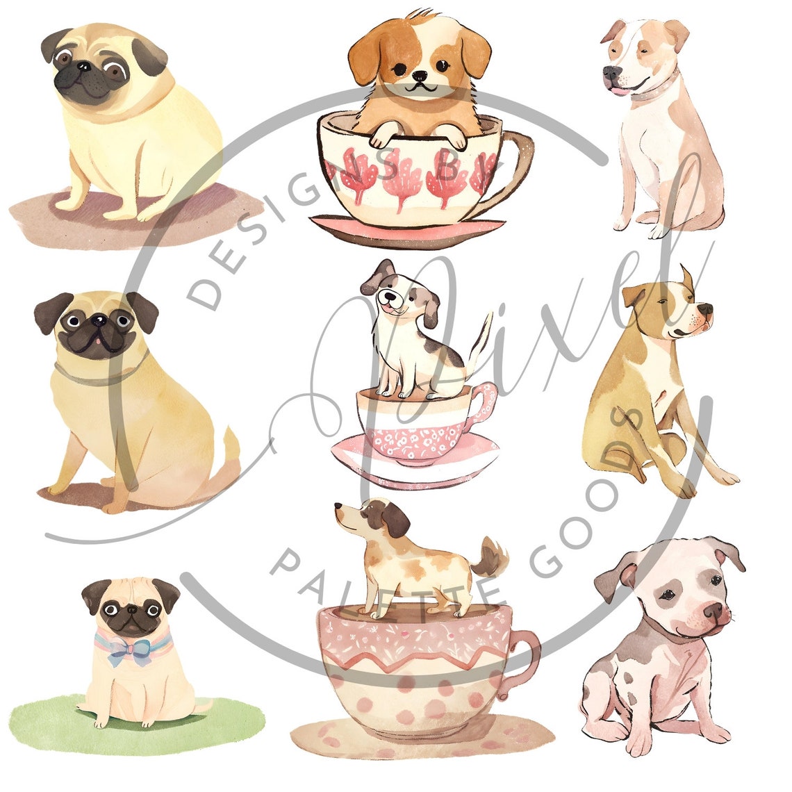 DOGS WATERCOLOR CLIPART - 50 Clip Arts (300 Dpi, Commercial Use, Bundle ...